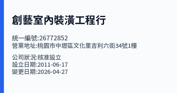創藝室內裝潢工程行的照片-統編 26772852(桃園市) 公司登記資料與營業項目詳細圖表