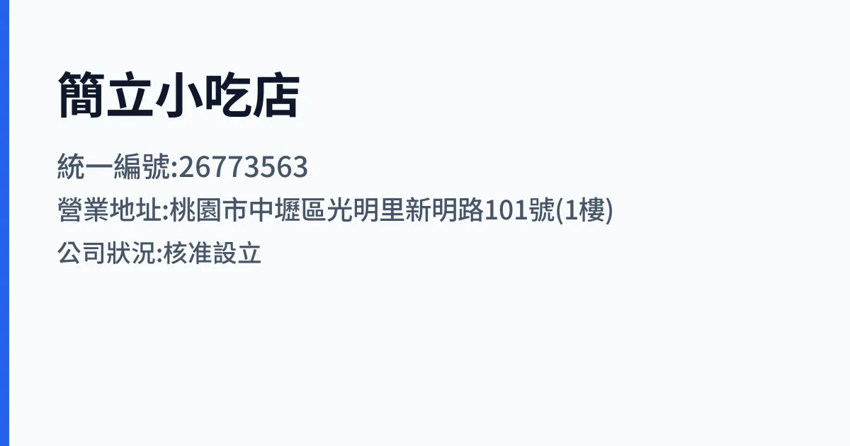 簡立小吃店 - 統編 26773563(桃園市) 公司登記資料與營業項目詳細圖表
