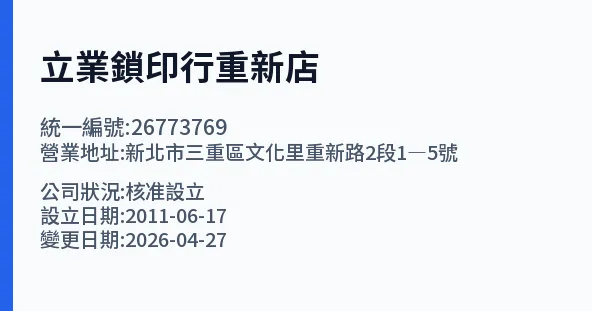 立業鎖印行重新店的照片-統編 26773769(新北市) 公司登記資料與營業項目詳細圖表