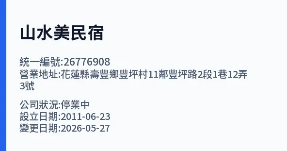 山水美民宿的照片-統編 26776908(花蓮縣) 公司登記資料與營業項目詳細圖表