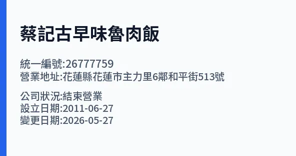 蔡記古早味魯肉飯的照片-統編 26777759(花蓮縣) 公司登記資料與營業項目詳細圖表