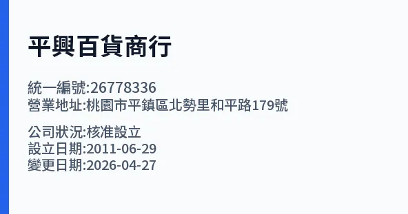 平興百貨商行的照片-統編 26778336(桃園市) 公司登記資料與營業項目詳細圖表