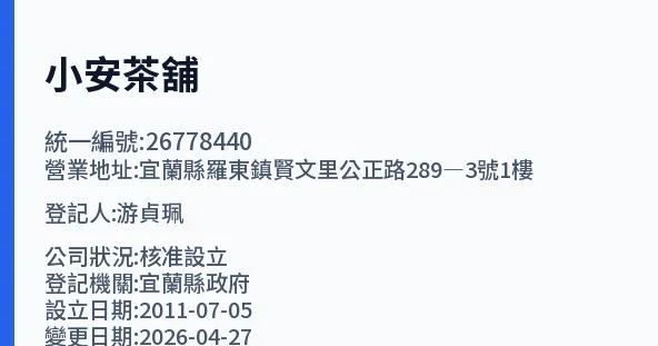 小安茶舖的照片-統編 26778440(宜蘭縣) 公司登記資料與營業項目詳細圖表