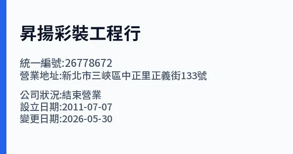 昇揚彩裝工程行的照片-統編 26778672(新北市) 公司登記資料與營業項目詳細圖表
