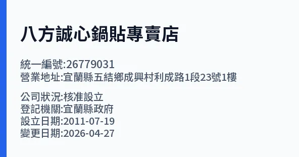 八方誠心鍋貼專賣店的照片-統編 26779031(宜蘭縣) 公司登記資料與營業項目詳細圖表