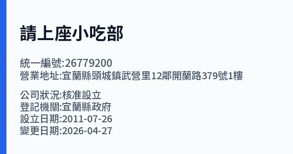 請上座小吃部的照片-統編 26779200(宜蘭縣) 公司登記資料與營業項目詳細圖表