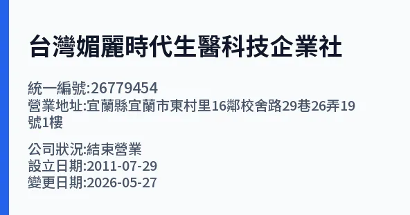台灣媚麗時代生醫科技企業社的照片-統編 26779454(宜蘭縣) 公司登記資料與營業項目詳細圖表