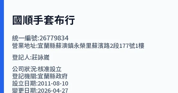 國順手套布行的照片-統編 26779834(宜蘭縣) 公司登記資料與營業項目詳細圖表