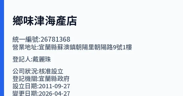 鄉味津海產店的照片-統編 26781368(宜蘭縣) 公司登記資料與營業項目詳細圖表
