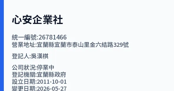 心安企業社的照片-統編 26781466(宜蘭縣) 公司登記資料與營業項目詳細圖表