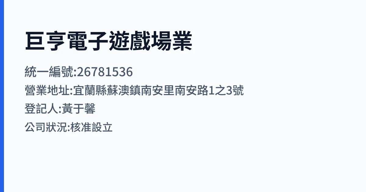 巨亨電子遊戲場業 - 統編 26781536(宜蘭縣) 公司登記資料與營業項目詳細圖表