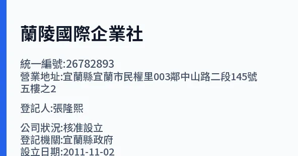 蘭陵國際企業社的照片-統編 26782893(宜蘭縣) 公司登記資料與營業項目詳細圖表