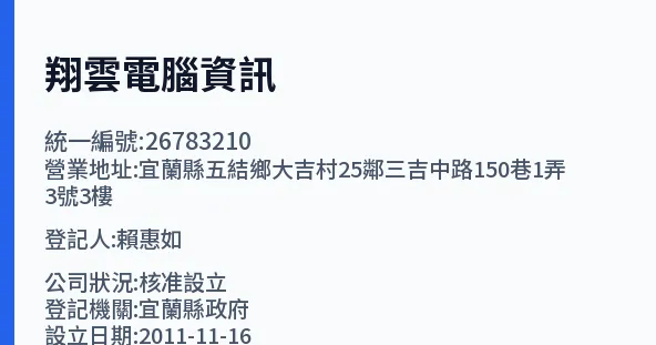 翔雲電腦資訊的照片-統編 26783210(宜蘭縣) 公司登記資料與營業項目詳細圖表
