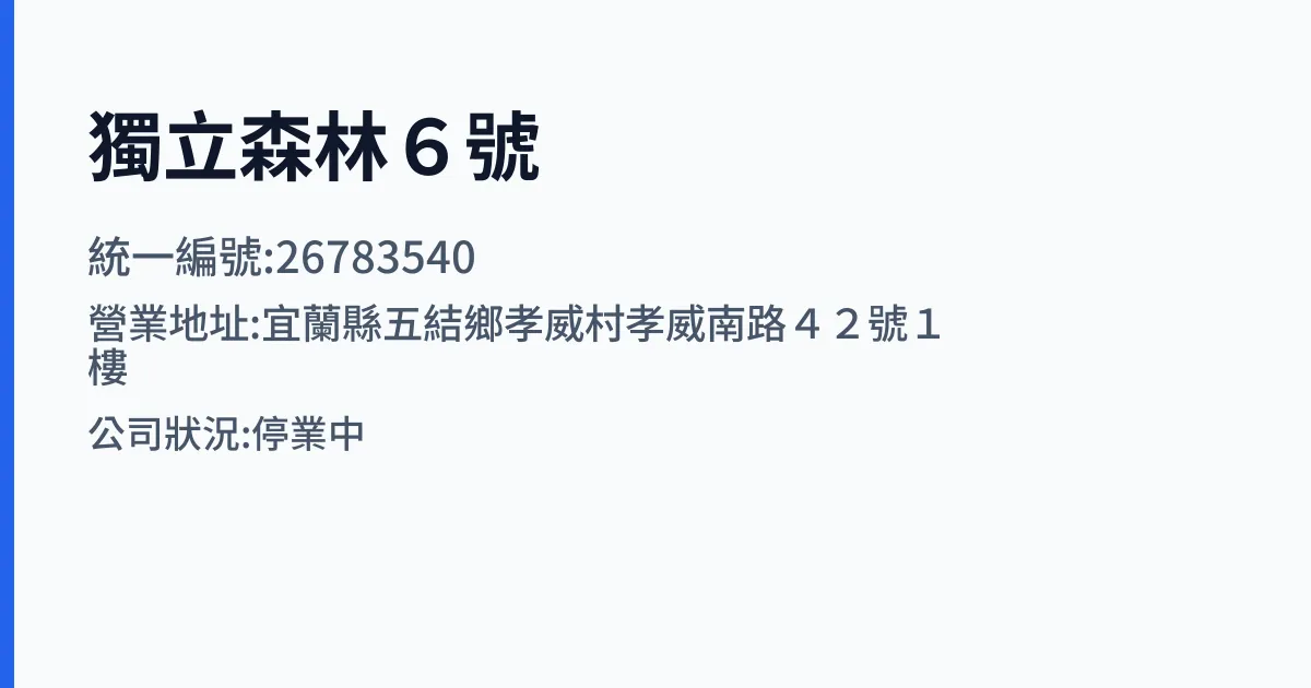 獨立森林６號 - 統編 26783540(宜蘭縣) 公司登記資料與營業項目詳細圖表