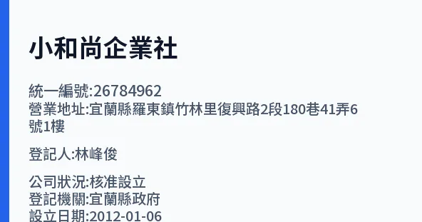 小和尚企業社的照片-統編 26784962(宜蘭縣) 公司登記資料與營業項目詳細圖表