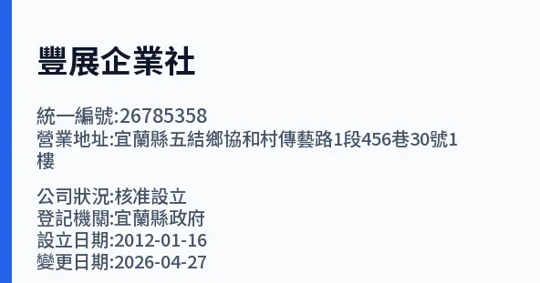 豐展企業社的照片-統編 26785358(宜蘭縣) 公司登記資料與營業項目詳細圖表