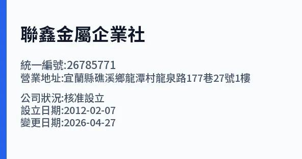 聯鑫金屬企業社的照片-統編 26785771(宜蘭縣) 公司登記資料與營業項目詳細圖表