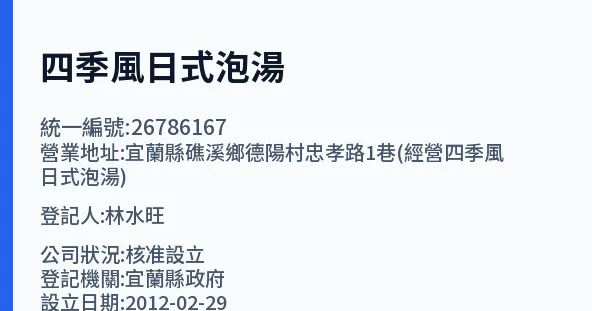 四季風日式泡湯的照片-統編 26786167(宜蘭縣) 公司登記資料與營業項目詳細圖表