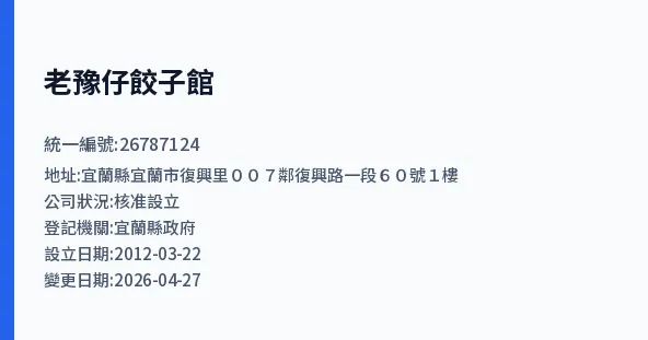 老豫仔餃子館的照片-統編 26787124(宜蘭縣) 公司登記資料與營業項目詳細圖表