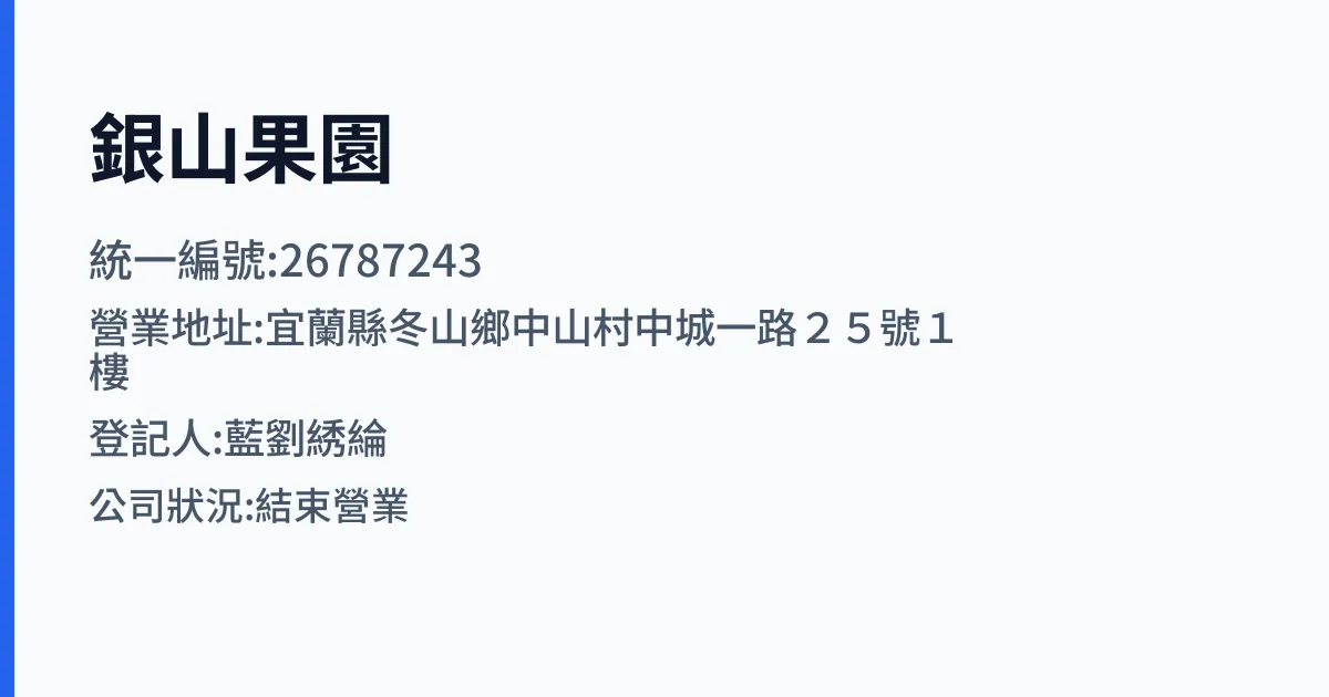 銀山果園 - 統編 26787243(宜蘭縣) 公司登記資料與營業項目詳細圖表