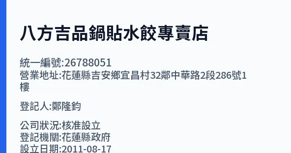 八方吉品鍋貼水餃專賣店的照片-統編 26788051(花蓮縣) 公司登記資料與營業項目詳細圖表