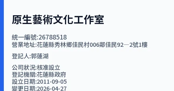 原生藝術文化工作室的照片-統編 26788518(花蓮縣) 公司登記資料與營業項目詳細圖表