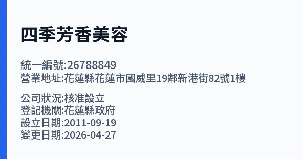 四季芳香美容的照片-統編 26788849(花蓮縣) 公司登記資料與營業項目詳細圖表