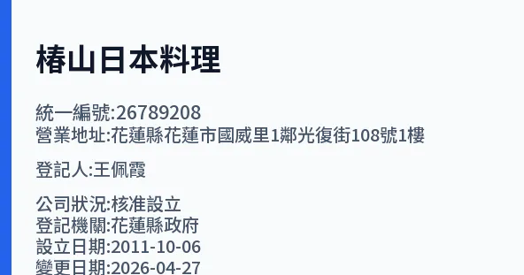 椿山日本料理的照片-統編 26789208(花蓮縣) 公司登記資料與營業項目詳細圖表