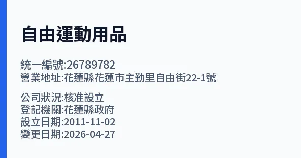 自由運動用品的照片-統編 26789782(花蓮縣) 公司登記資料與營業項目詳細圖表