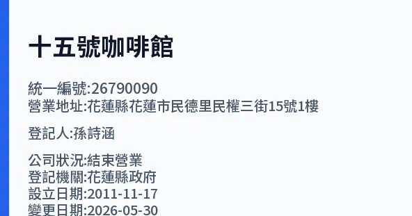 十五號咖啡館的照片-統編 26790090(花蓮縣) 公司登記資料與營業項目詳細圖表