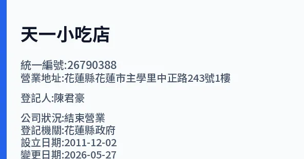 天一小吃店的照片-統編 26790388(花蓮縣) 公司登記資料與營業項目詳細圖表