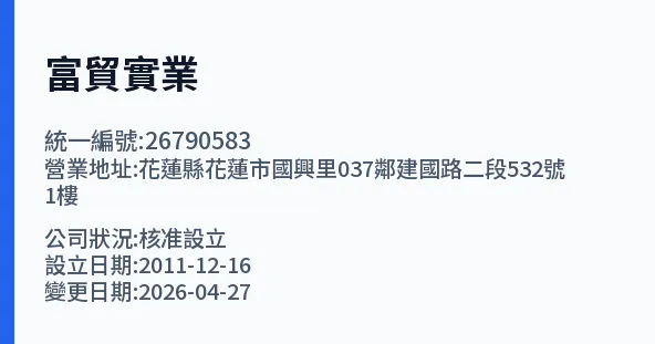 富貿實業的照片-統編 26790583(花蓮縣) 公司登記資料與營業項目詳細圖表