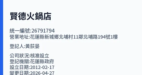 賢德火鍋店的照片-統編 26791794(花蓮縣) 公司登記資料與營業項目詳細圖表