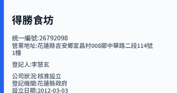 得勝食坊的照片-統編 26792098(花蓮縣) 公司登記資料與營業項目詳細圖表