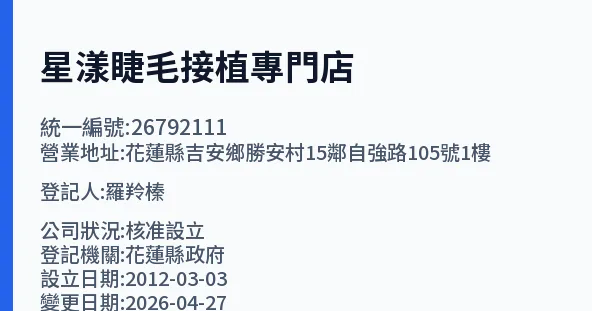 星漾睫毛接植專門店的照片-統編 26792111(花蓮縣) 公司登記資料與營業項目詳細圖表