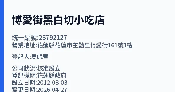 博愛街黑白切小吃店的照片-統編 26792127(花蓮縣) 公司登記資料與營業項目詳細圖表