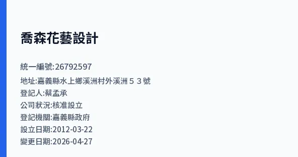 喬森花藝設計的照片-統編 26792597(嘉義縣) 公司登記資料與營業項目詳細圖表