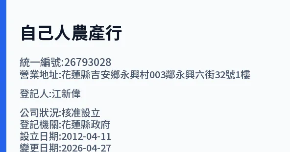 自己人農產行的照片-統編 26793028(花蓮縣) 公司登記資料與營業項目詳細圖表
