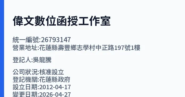 偉文數位函授工作室的照片-統編 26793147(花蓮縣) 公司登記資料與營業項目詳細圖表