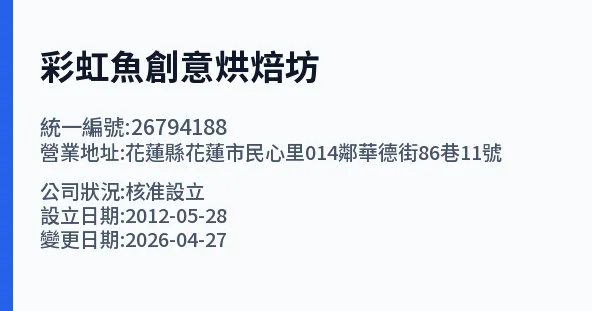 彩虹魚創意烘焙坊的照片-統編 26794188(花蓮縣) 公司登記資料與營業項目詳細圖表