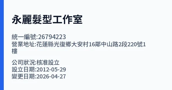 永麗髮型工作室的照片-統編 26794223(花蓮縣) 公司登記資料與營業項目詳細圖表
