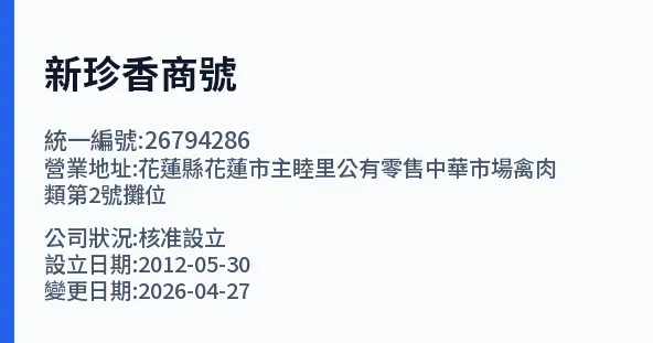 新珍香商號的照片-統編 26794286(花蓮縣) 公司登記資料與營業項目詳細圖表