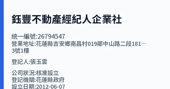 鈺豐不動產經紀人企業社的照片-統編 26794547(花蓮縣) 公司登記資料與營業項目詳細圖表