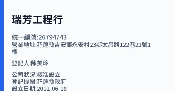 瑞芳工程行的照片-統編 26794743(花蓮縣) 公司登記資料與營業項目詳細圖表