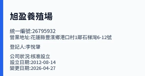 旭盈養殖場的照片-統編 26795932(花蓮縣) 公司登記資料與營業項目詳細圖表
