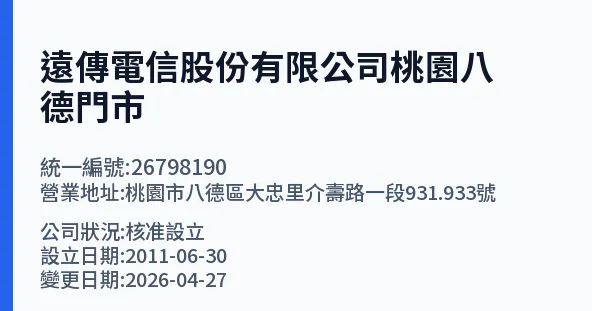 遠傳電信股份有限公司桃園八德門市的照片-統編 26798190(桃園市) 公司登記資料與營業項目詳細圖表