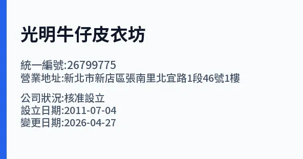 光明牛仔皮衣坊的照片-統編 26799775(新北市) 公司登記資料與營業項目詳細圖表