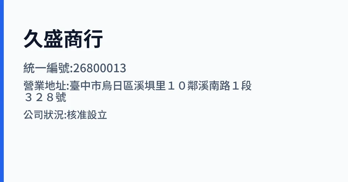 久盛商行 - 統編 26800013(臺中市) 公司登記資料與營業項目詳細圖表