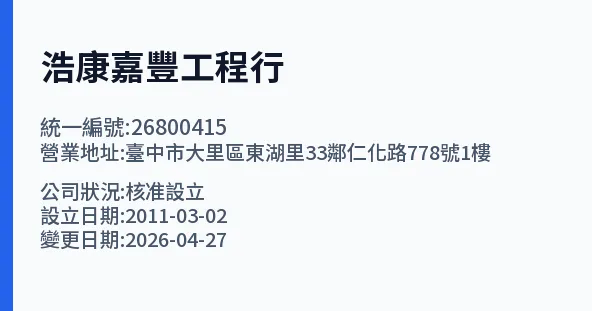 浩康嘉豐工程行的照片-統編 26800415(臺中市) 公司登記資料與營業項目詳細圖表