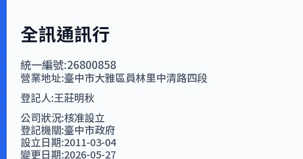 全訊通訊行的照片-統編 26800858(臺中市) 公司登記資料與營業項目詳細圖表